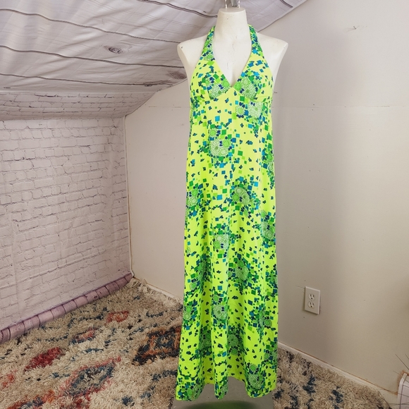Vintage | Dresses | Vintage 96s Halter Maxi Dress Neon Funky Hippie Mcm ...